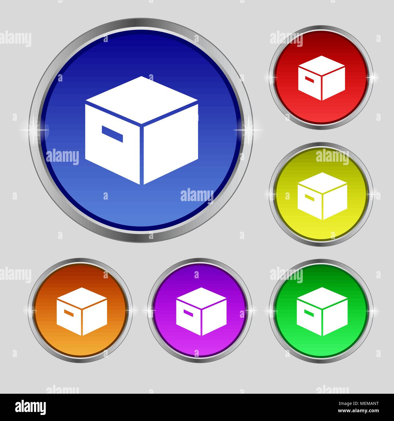 packaging cardboard box icon sign. Round symbol on bright colourful ...