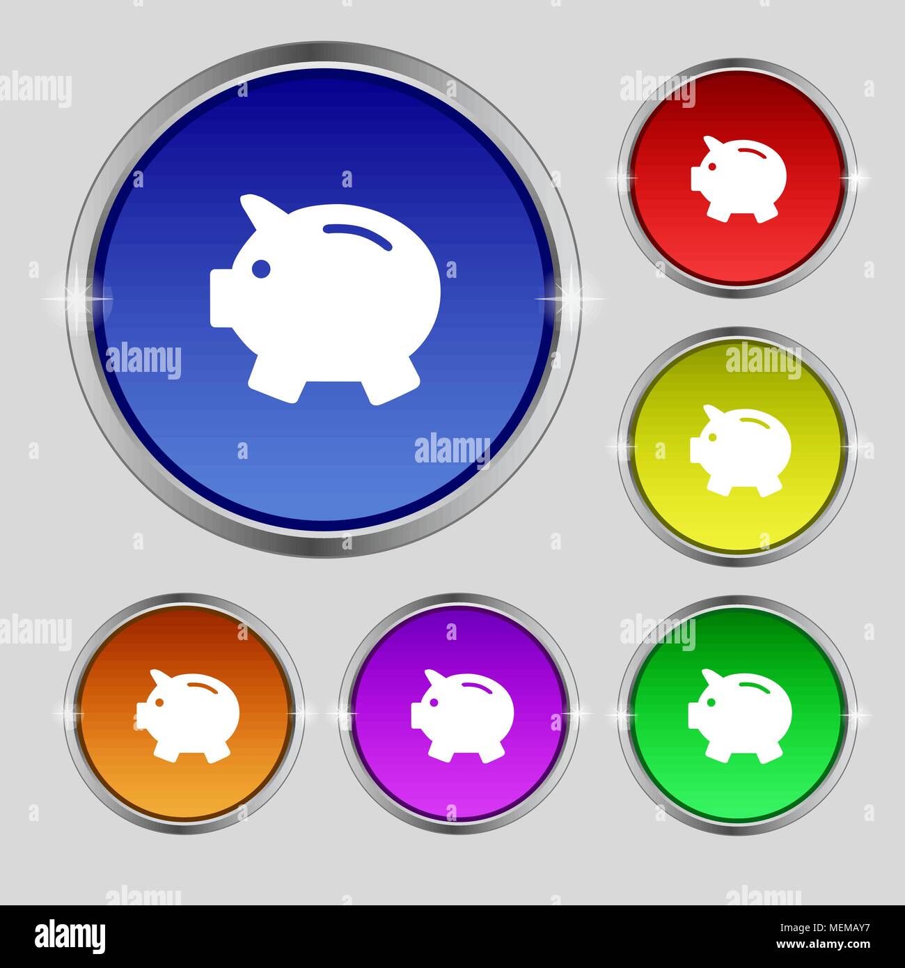 Piggy bank - saving money icon sign. Round symbol on bright colourful ...