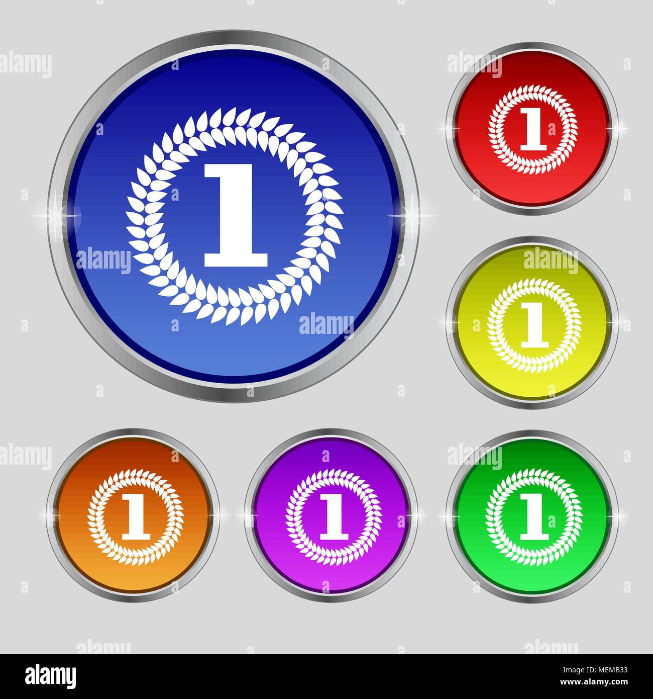 Medal, award, first icon sign. Round symbol on bright colourful buttons ...
