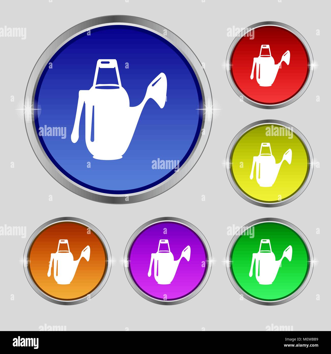 Watering can icon sign. Round symbol on bright colourful buttons ...