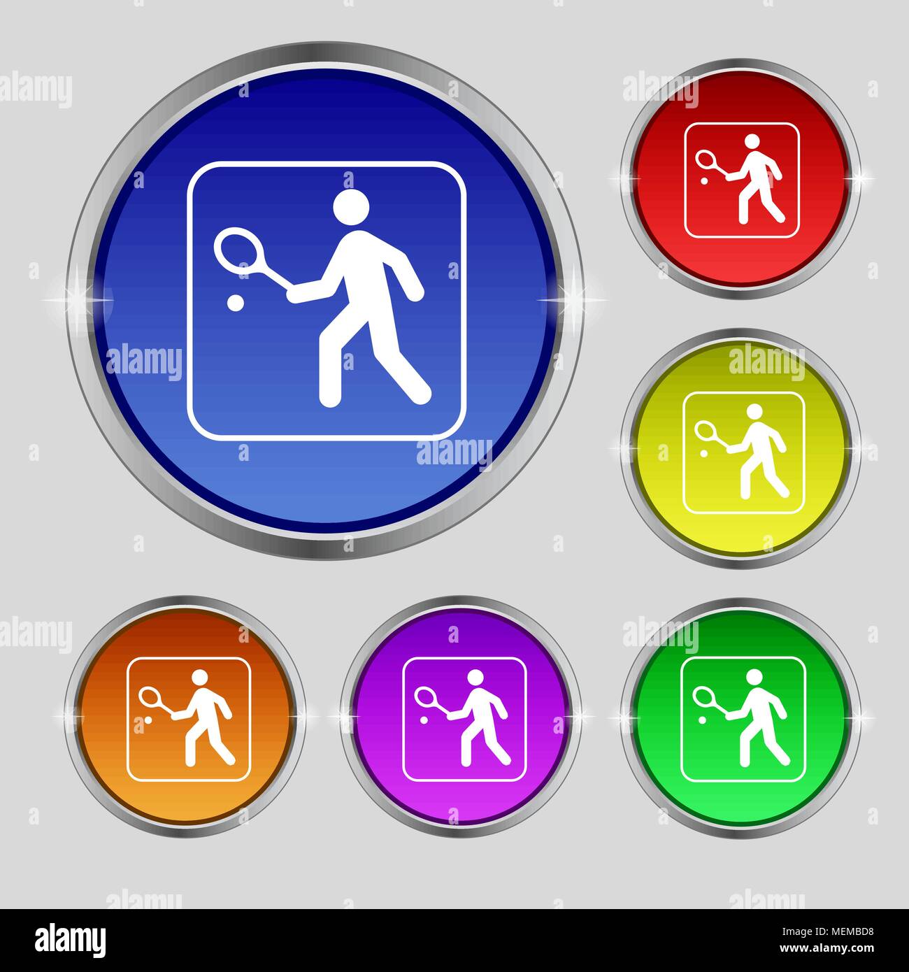 Tennis player icon sign. Round symbol on bright colourful buttons ...