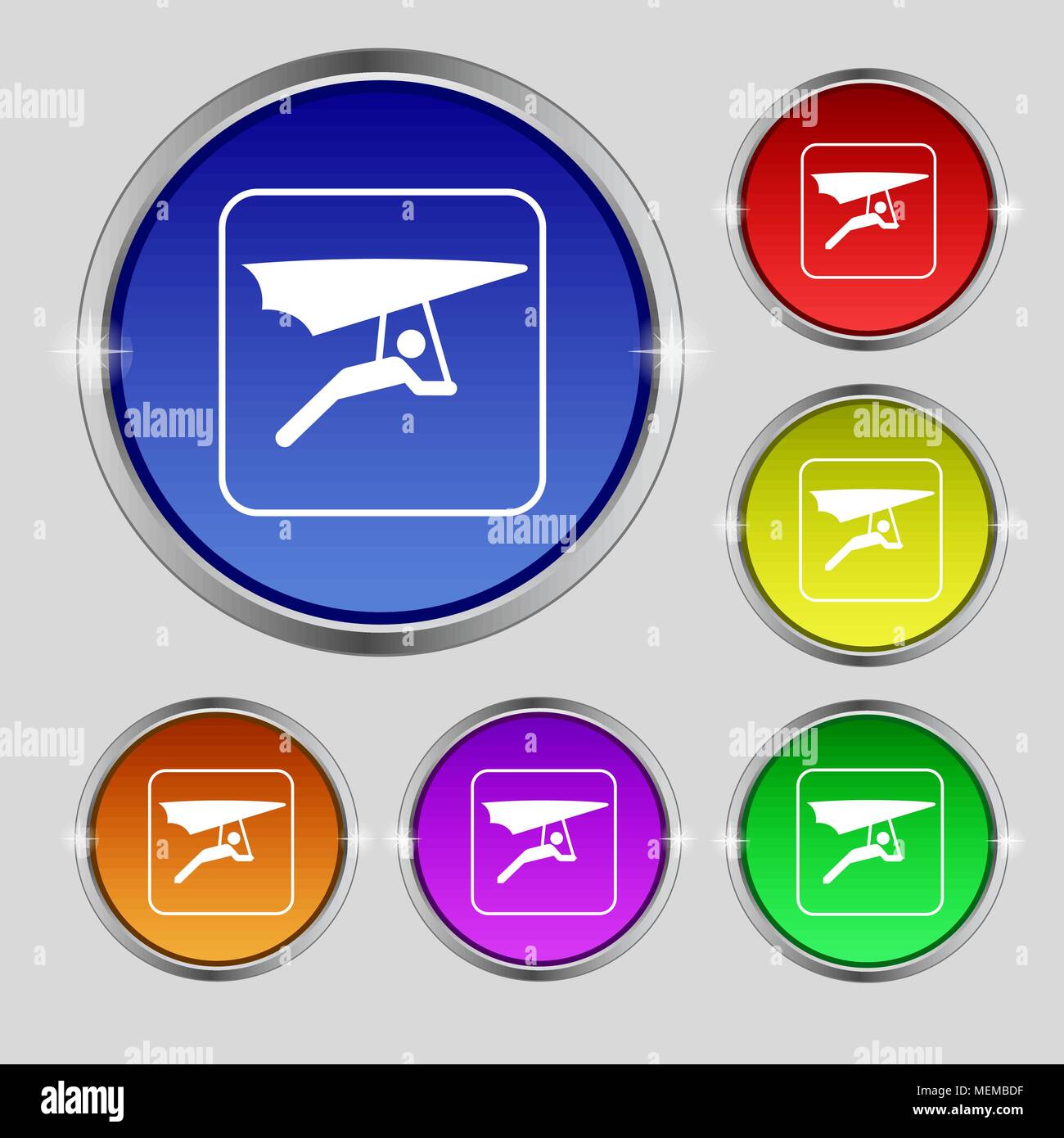 hang-gliding icon sign. Round symbol on bright colourful buttons ...