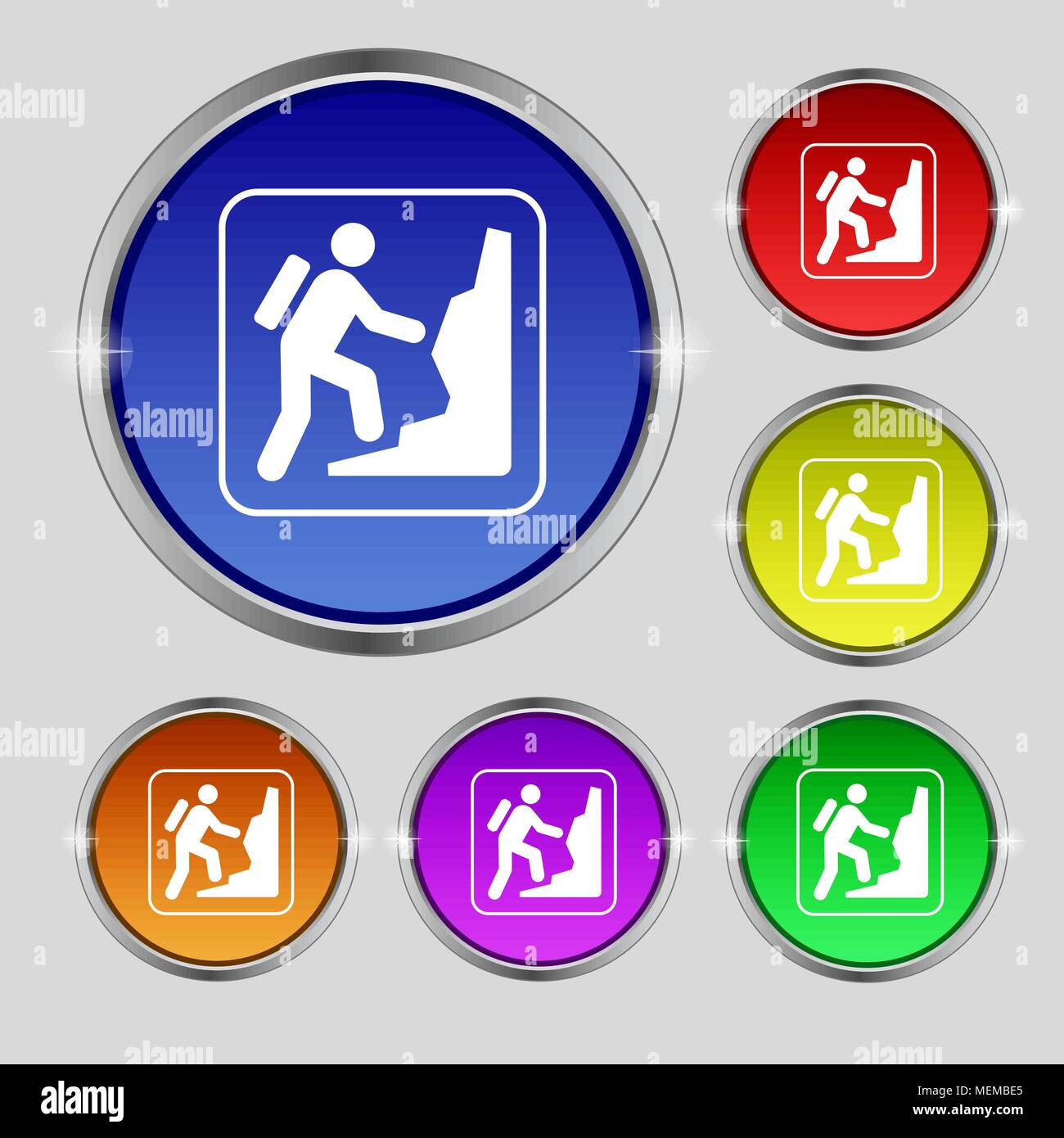 rock climbing icon sign. Round symbol on bright colourful buttons ...