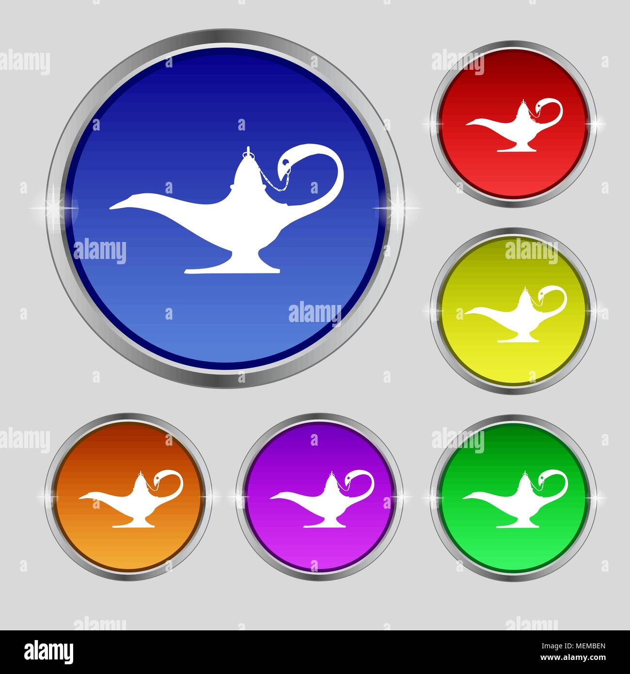 Alladin lamp genie icon sign. Round symbol on bright colourful buttons ...