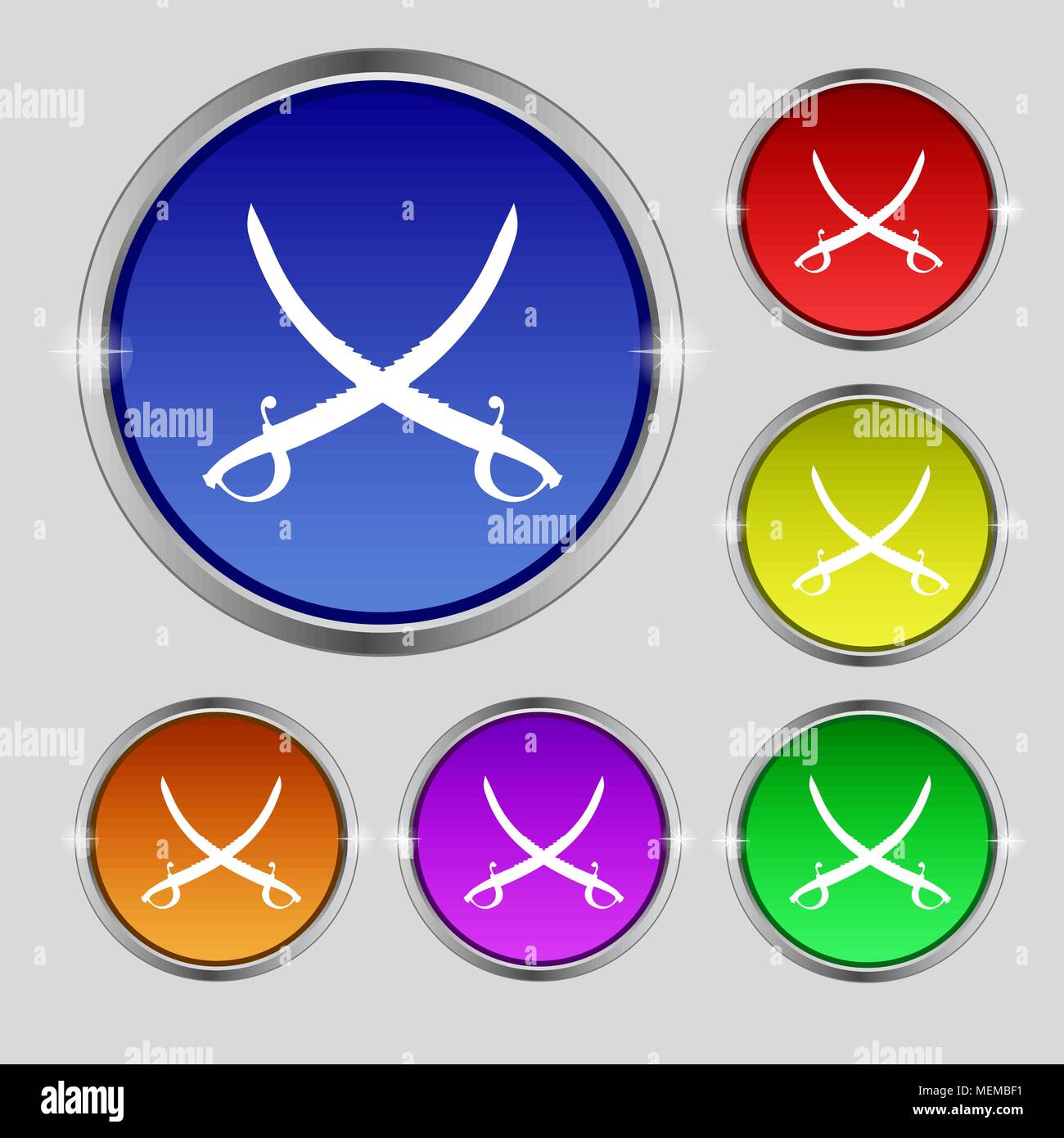 Crossed saber icon sign. Round symbol on bright colourful buttons ...