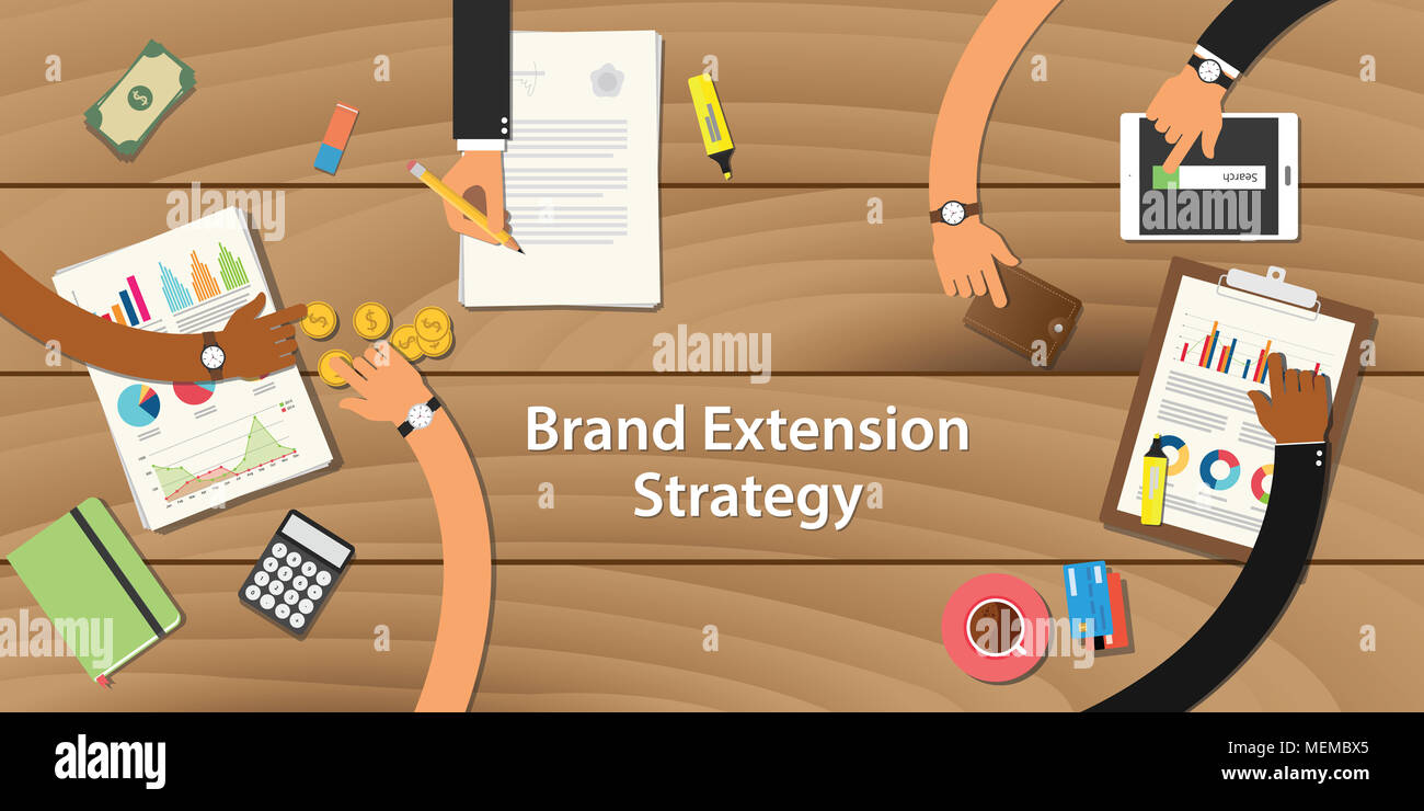 brand extension strategy illustration with team work together on top of ...