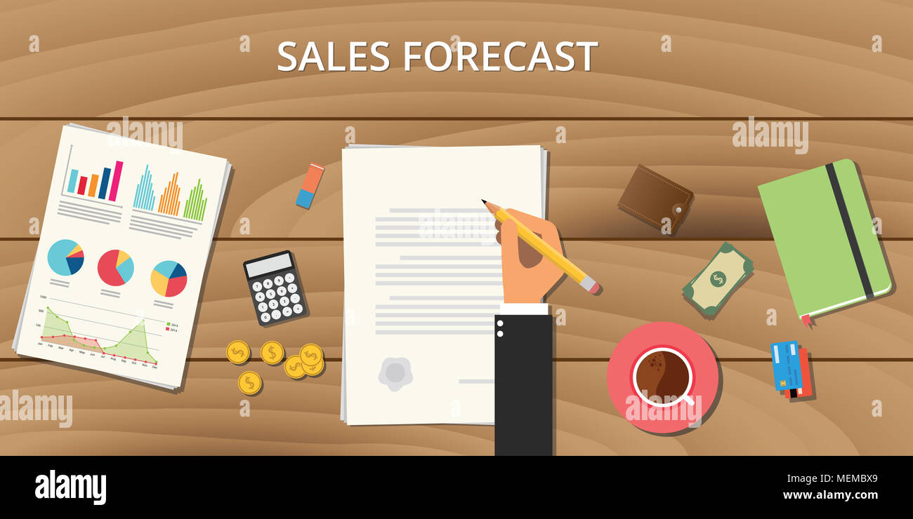 sales forecast illustration with wooden table with graph chart money ...