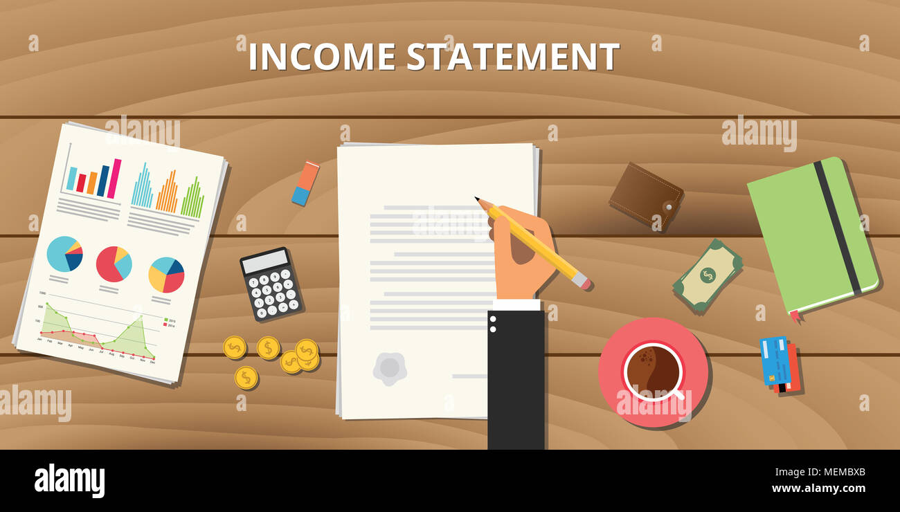 income statement report analysis illustration with businessman signing ...