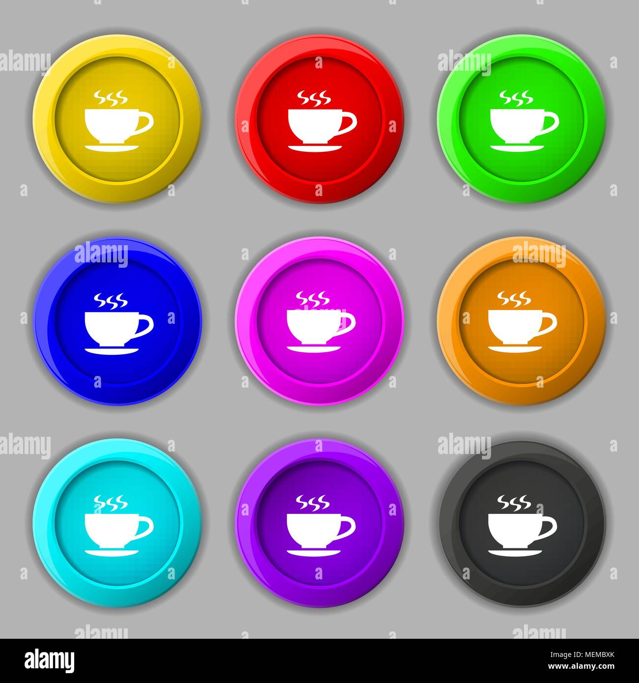 The tea and cup icon sign. symbol on nine round colourful buttons ...