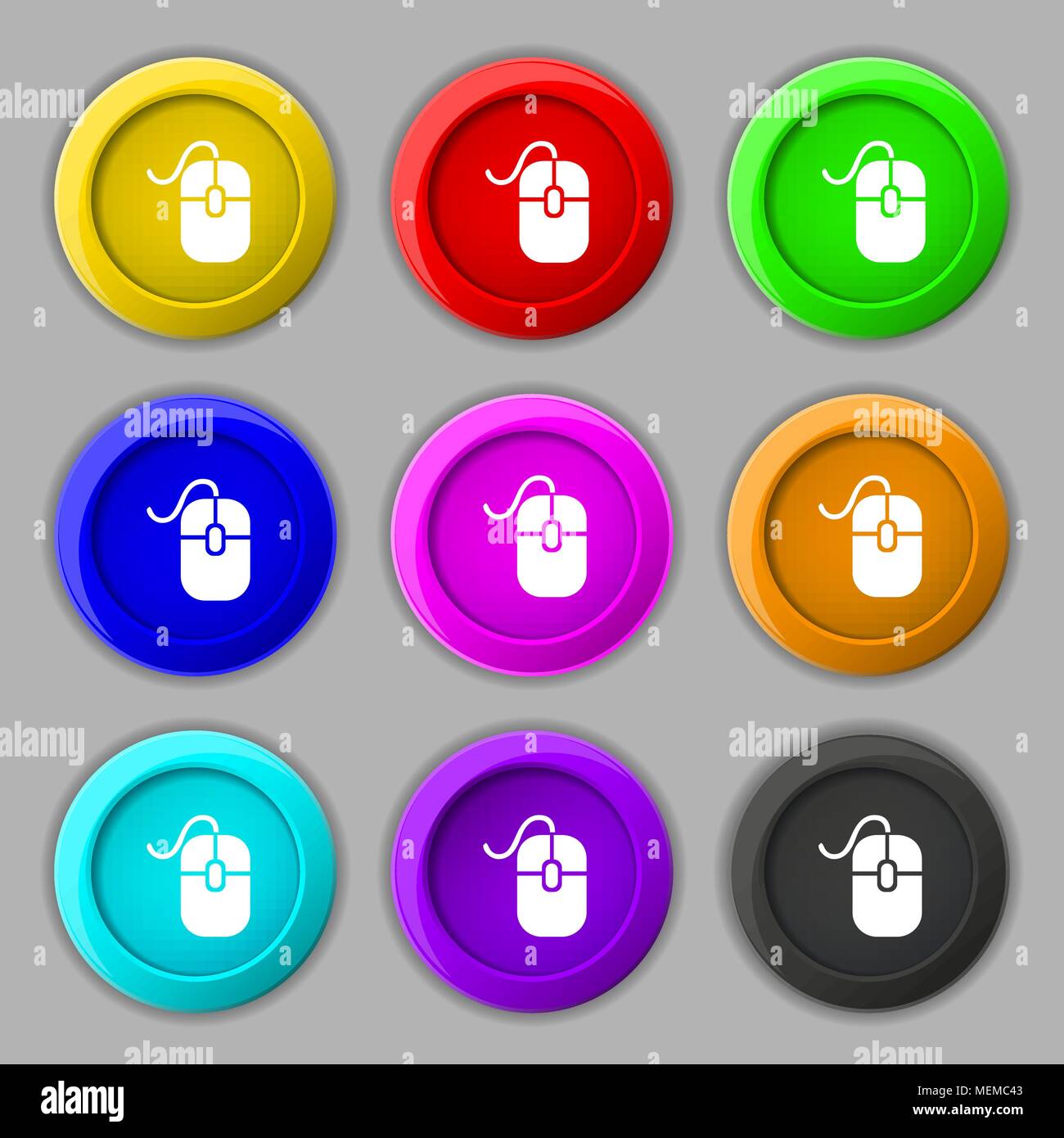 Computer mouse icon sign. symbol on nine round colourful buttons ...