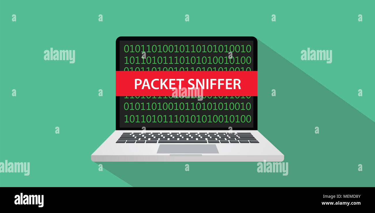 packet sniffer concept illustration with laptop comuputer and text ...