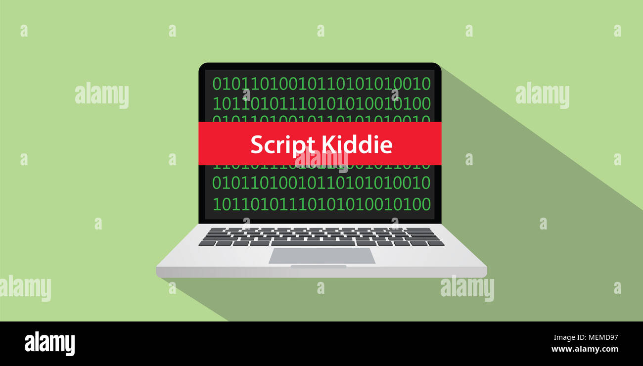 script kiddie concept illustration with laptop comuputer and text ...