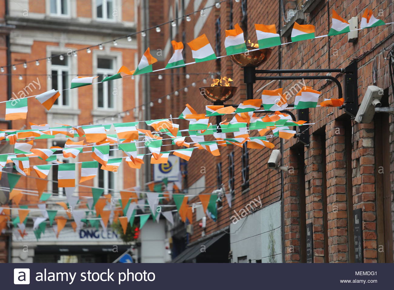 Irish bunting hanging from buildings in Dublin city centre Stock Photo ...