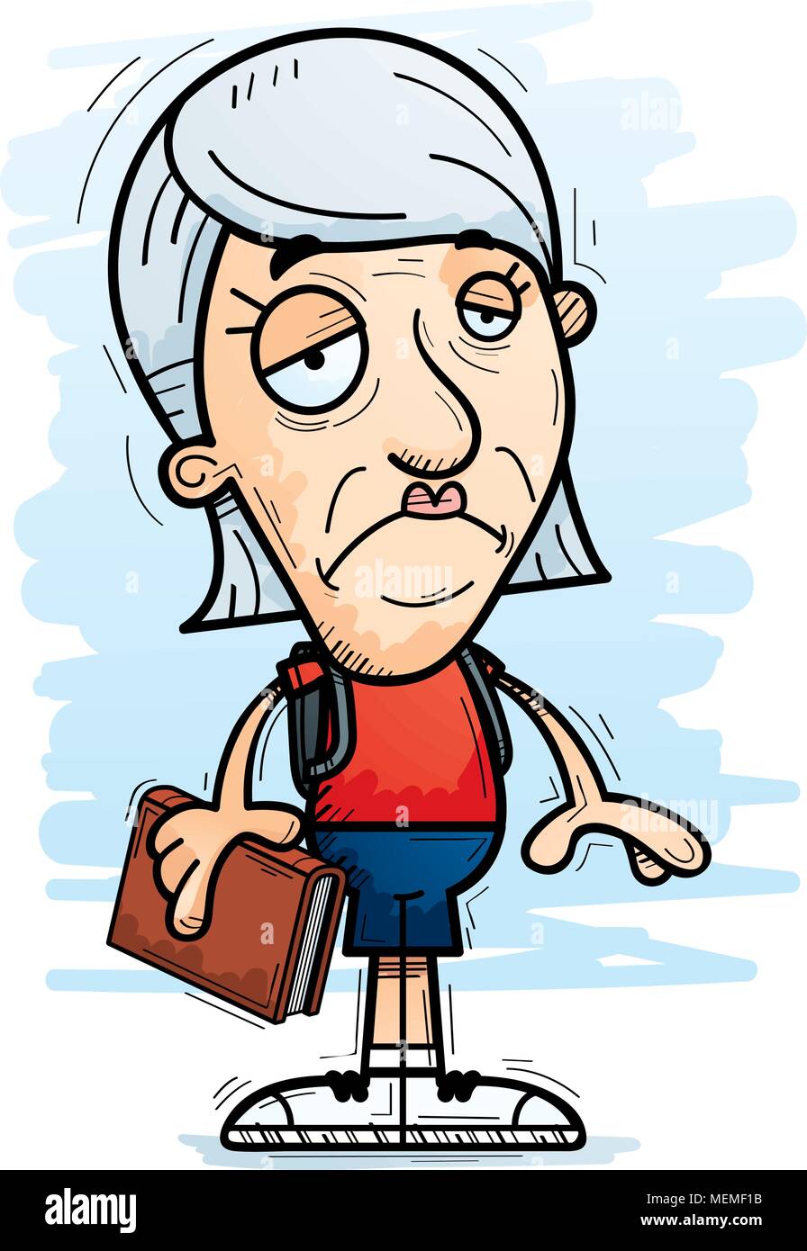 A cartoon illustration of a senior citizen woman student looking sad ...