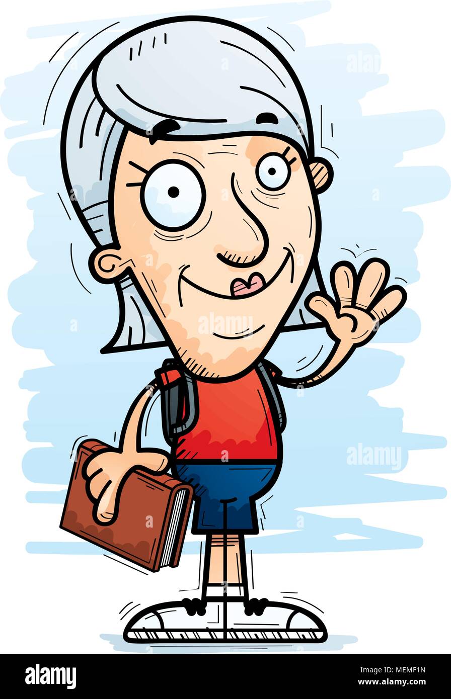 A cartoon illustration of a senior citizen woman student waving Stock ...