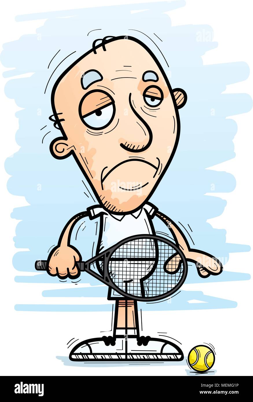 A cartoon illustration of a senior citizen man tennis player looking ...