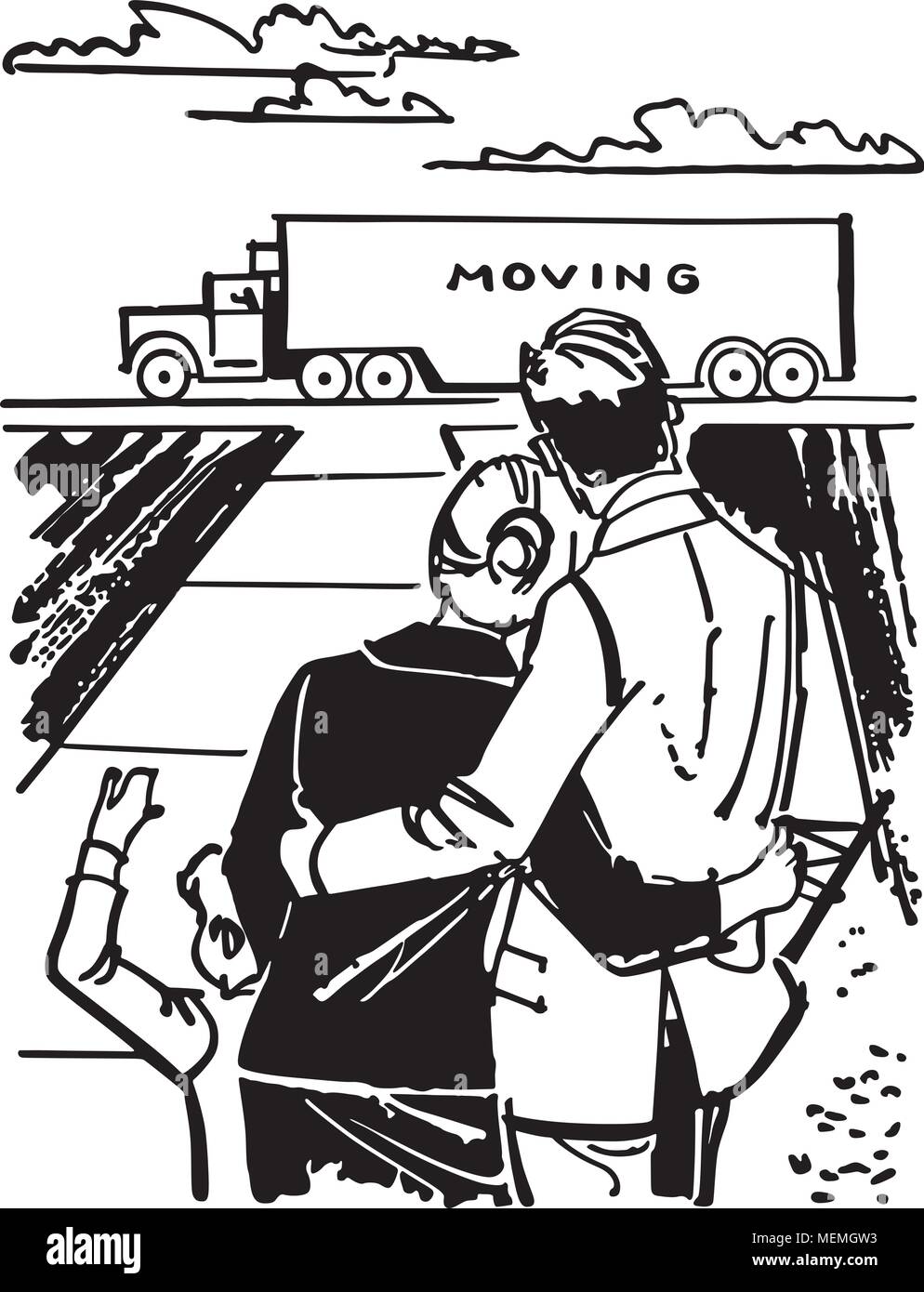 Family Watching Moving Van - Retro Clipart Illustration Stock Vector ...