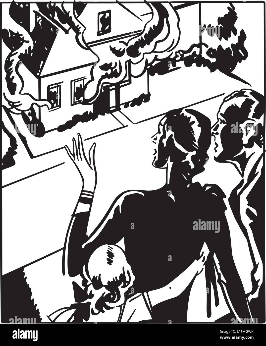 Family With Burning Home - Retro Clipart Illustration Stock Vector ...