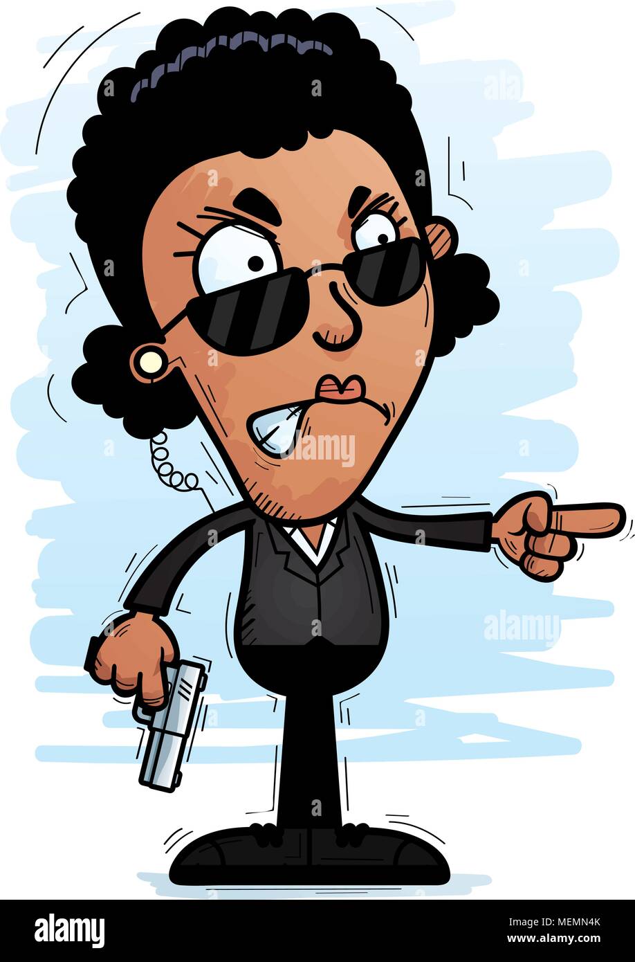 A cartoon illustration of a black woman secret service agent looking ...