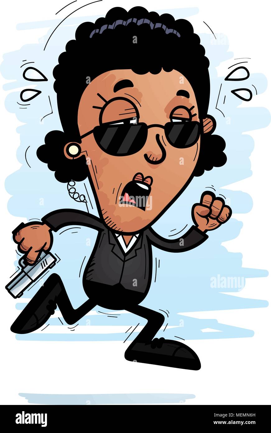 A cartoon illustration of a black woman secret service agent running ...