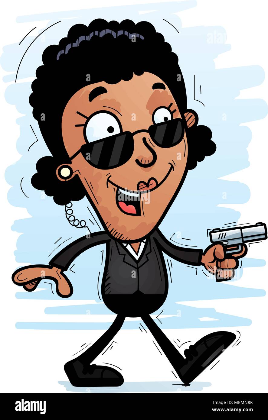 A cartoon illustration of a black woman secret service agent walking ...