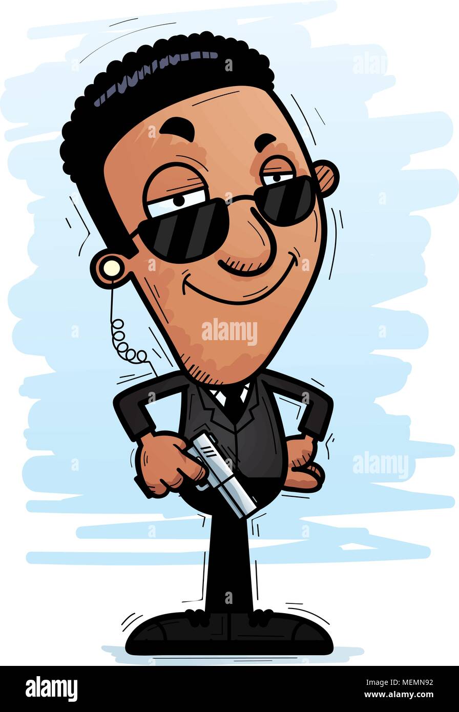 A cartoon illustration of a black man secret service agent looking ...