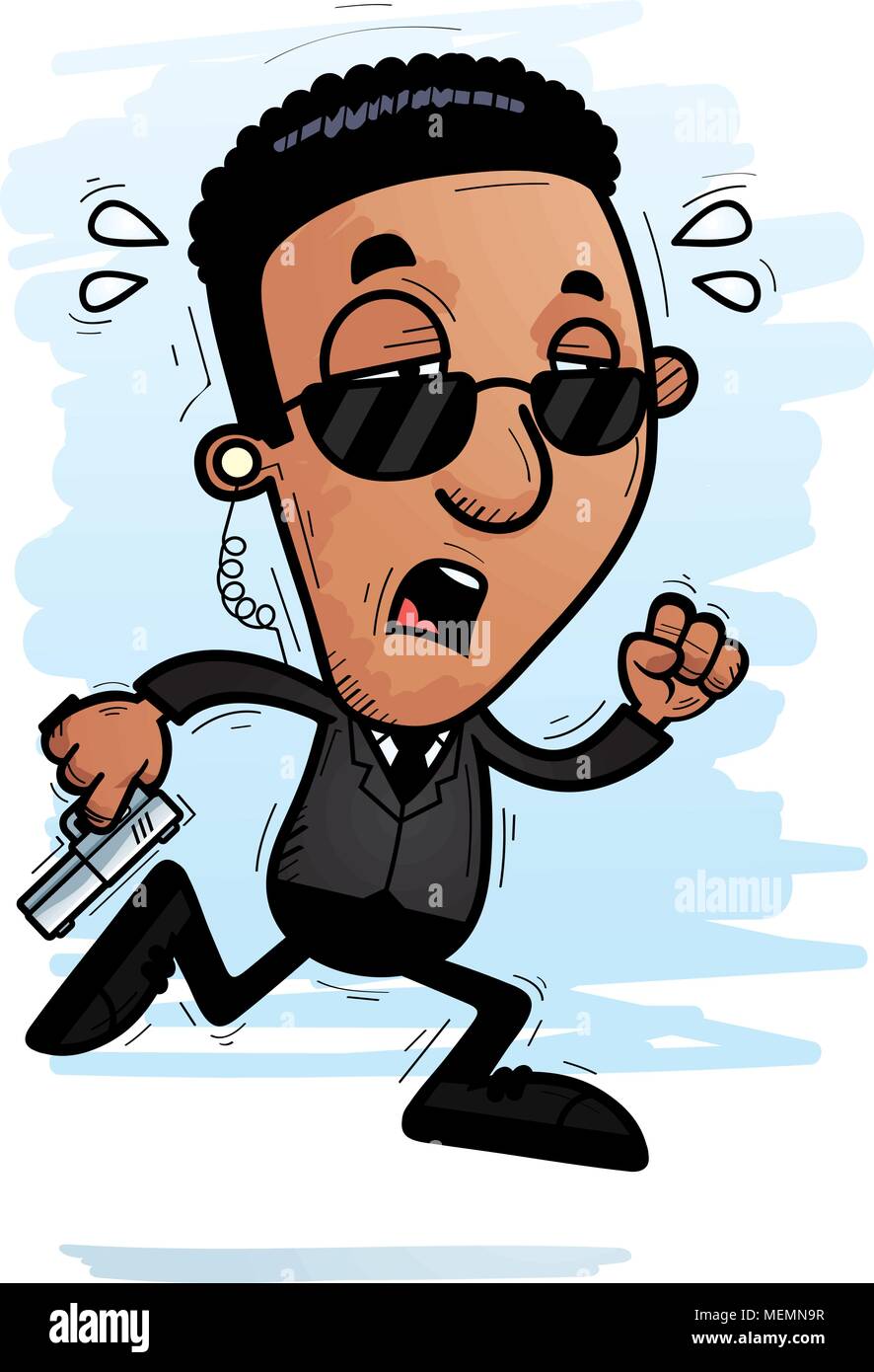A cartoon illustration of a black man secret service agent running and ...