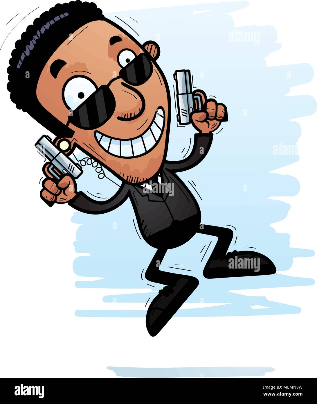 A cartoon illustration of a black man secret service agent jumping ...