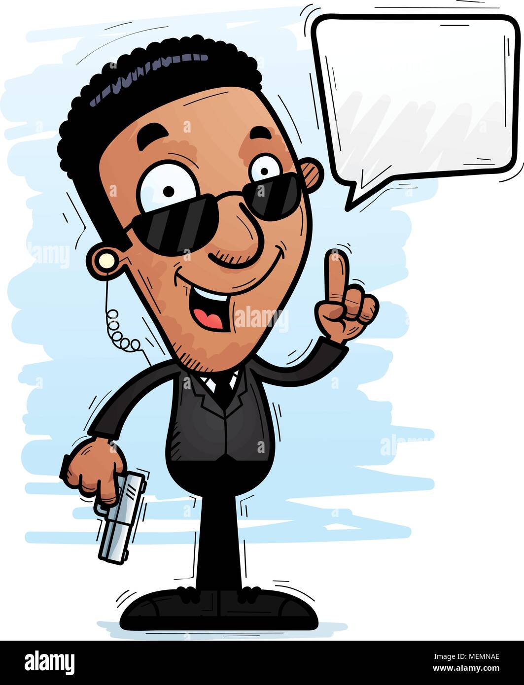 A cartoon illustration of a black man secret service agent talking ...