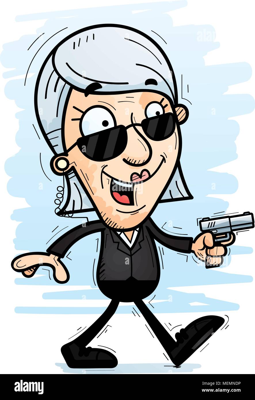 A cartoon illustration of a senior citizen woman secret service agent ...