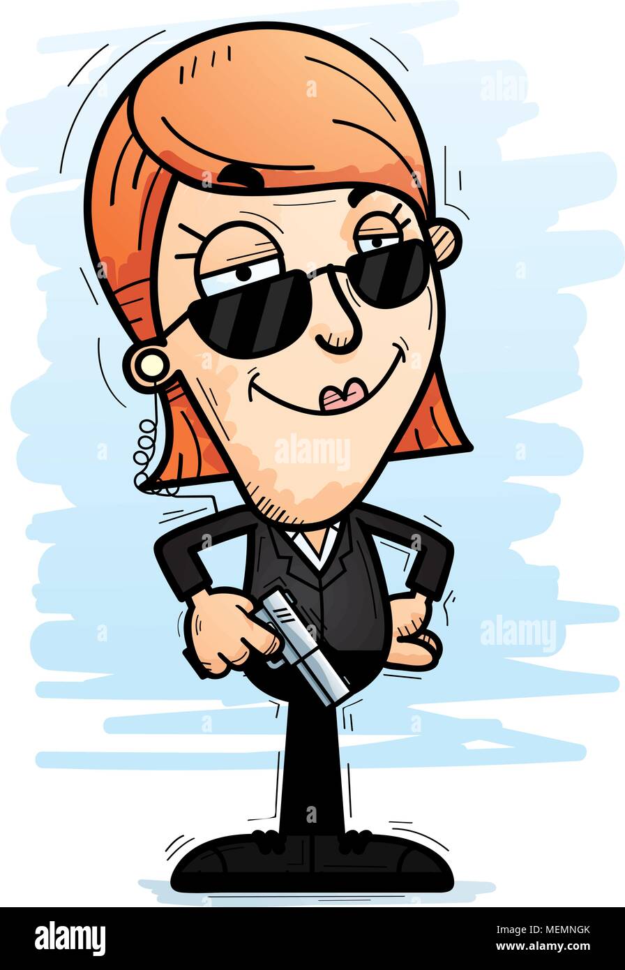 A cartoon illustration of a woman secret service agent looking ...