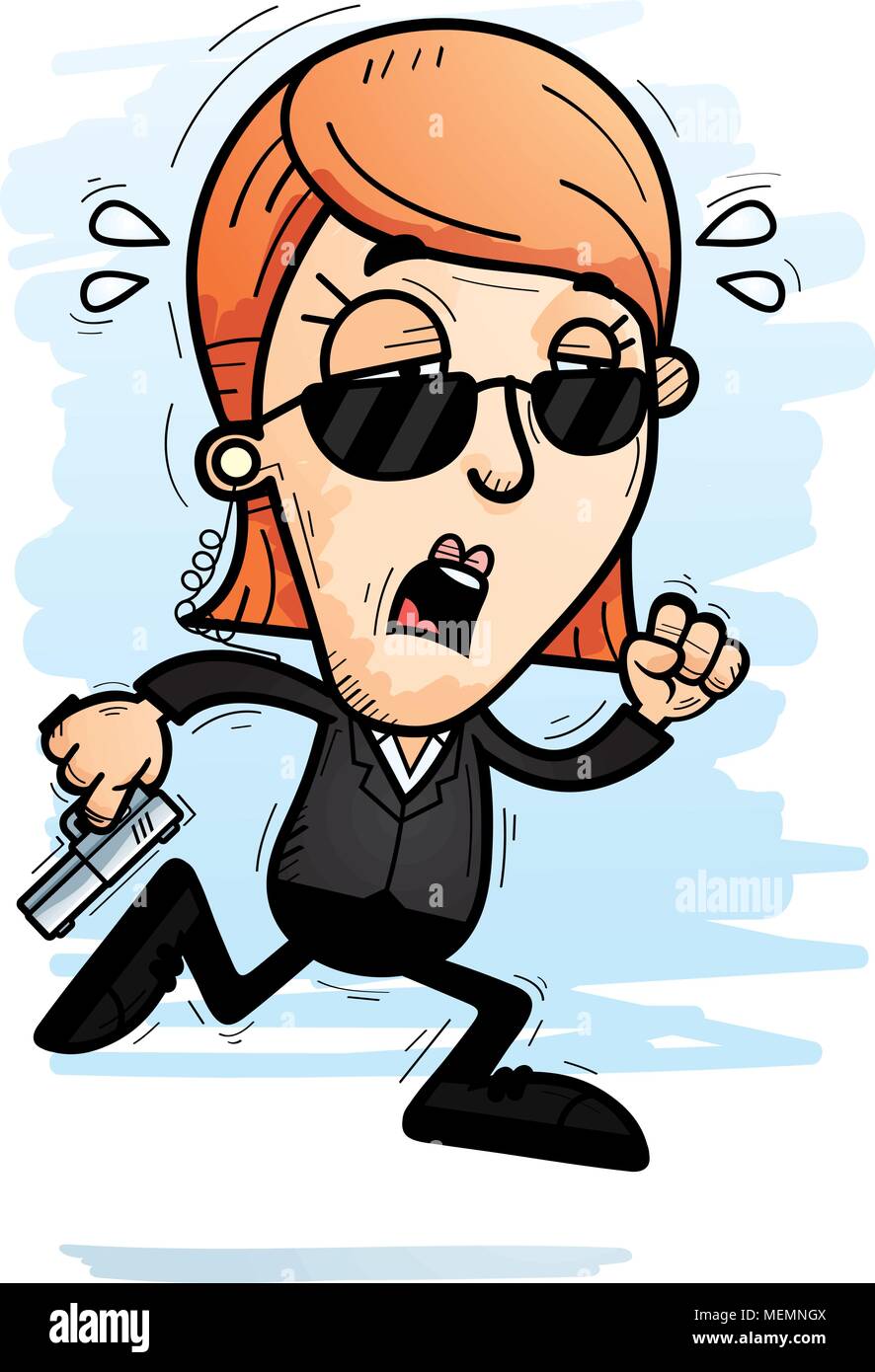 A cartoon illustration of a woman secret service agent running and ...