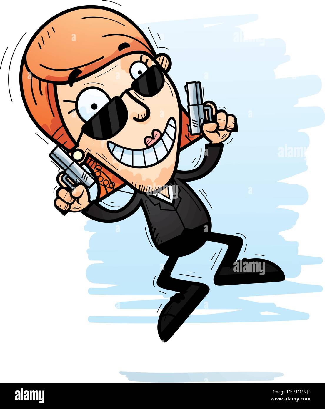A cartoon illustration of a woman secret service agent jumping Stock ...