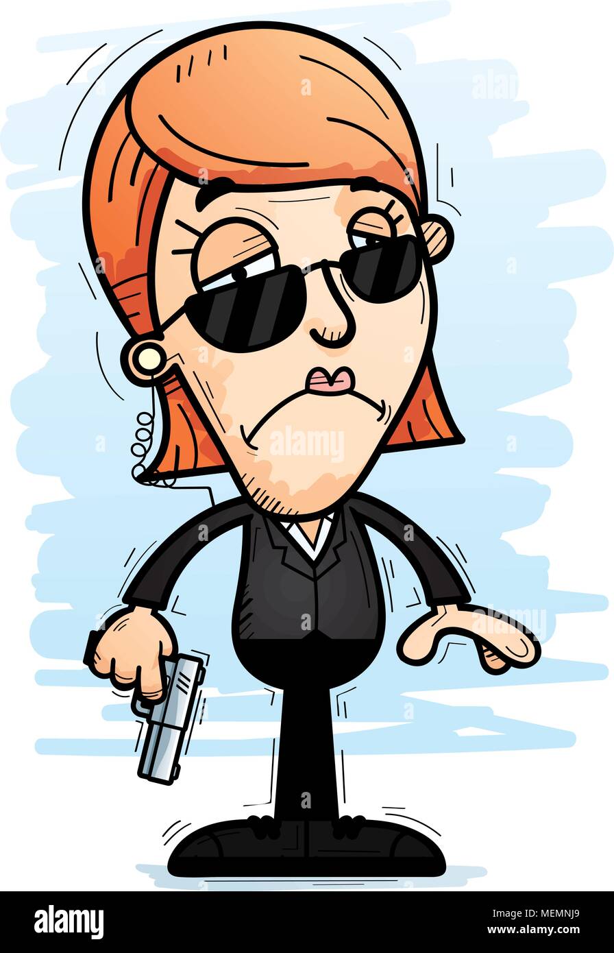 A cartoon illustration of a woman secret service agent looking sad ...