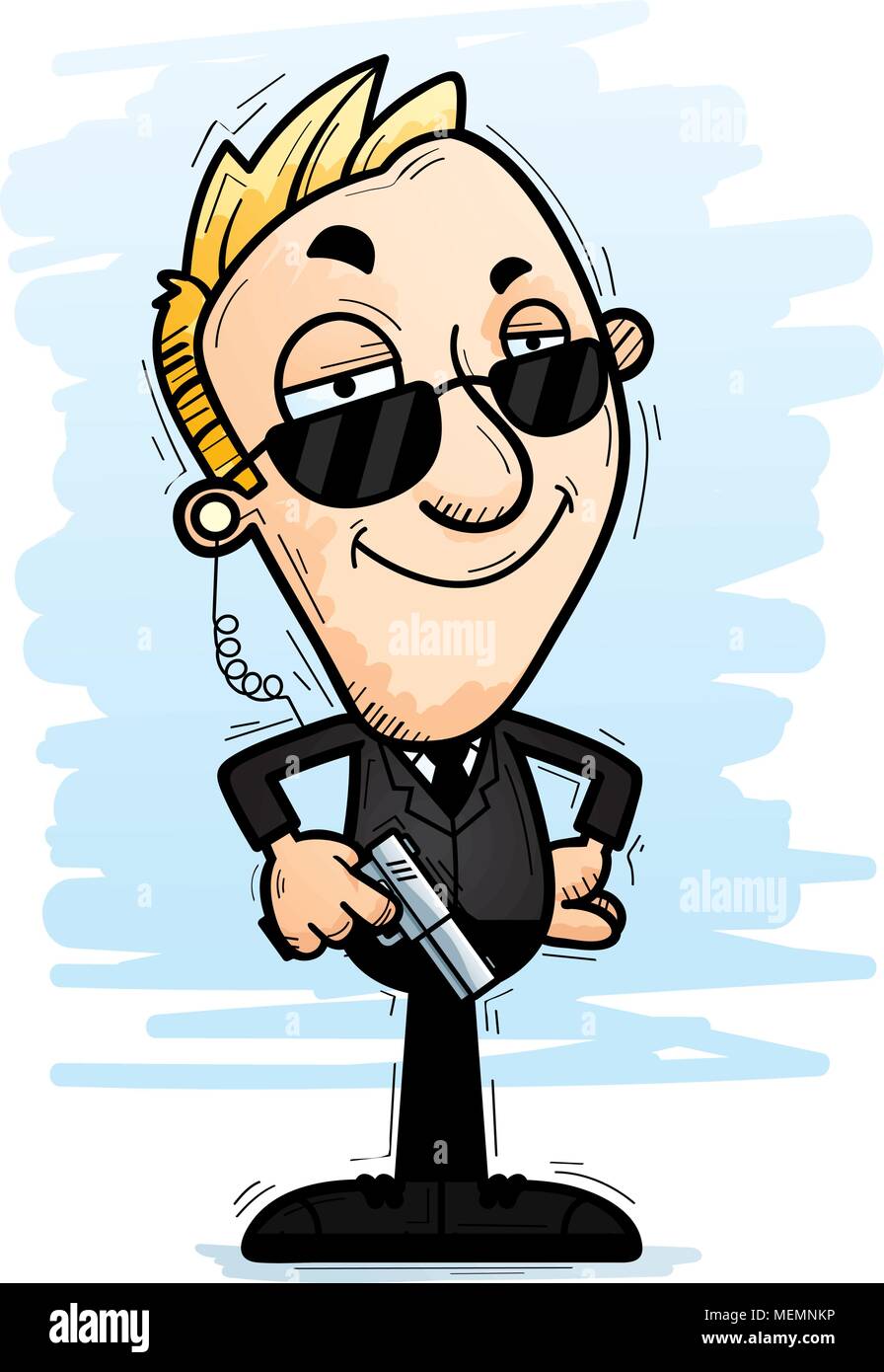 A cartoon illustration of a man secret service agent looking confident ...
