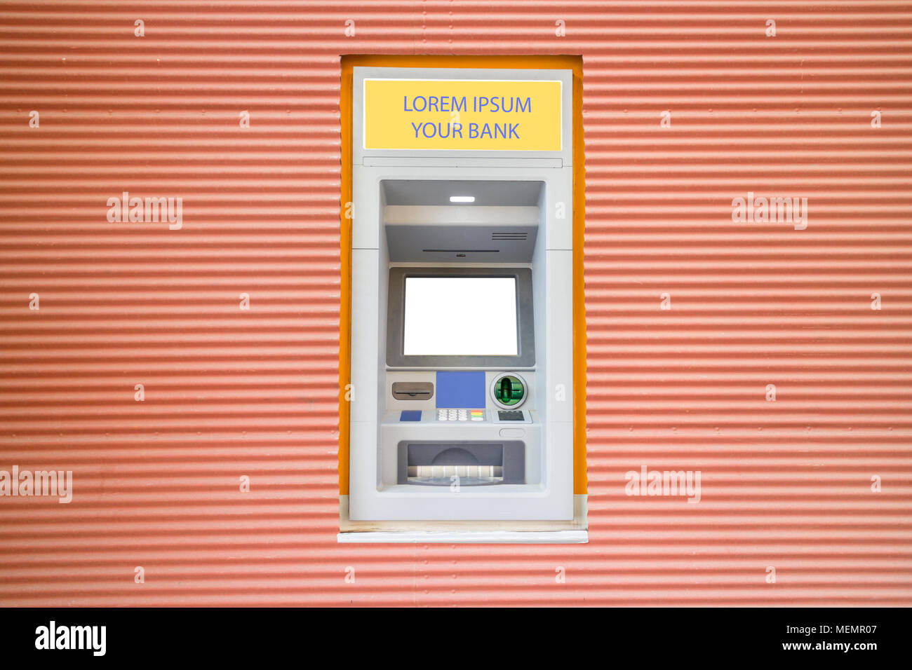 ATM Machine embedded in metal garage door, copy space Stock Photo - Alamy