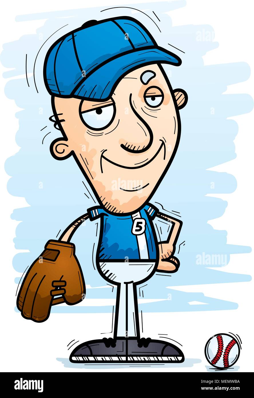 A cartoon illustration of a senior citizen man baseball player looking ...