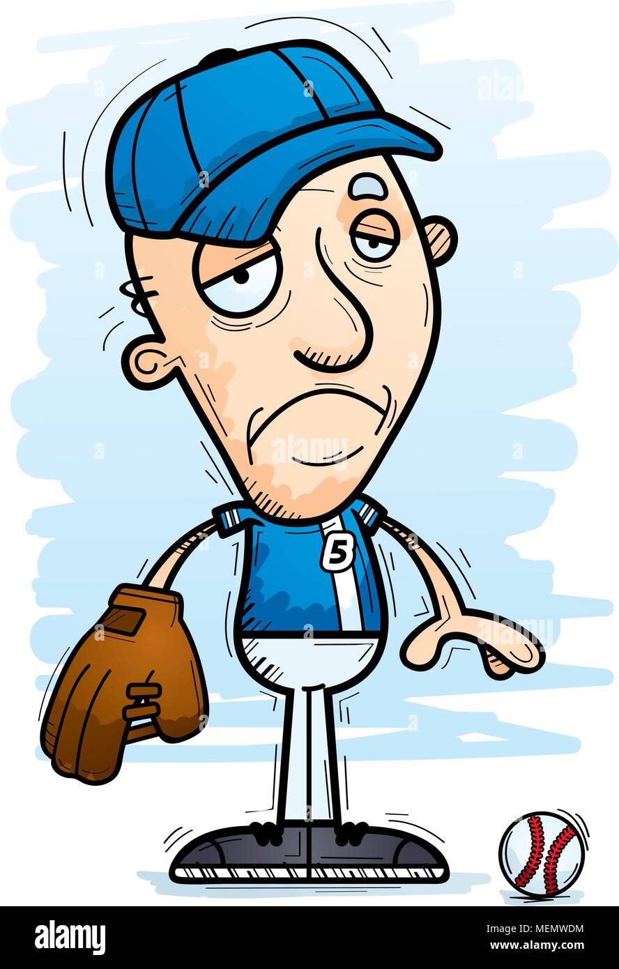 A cartoon illustration of a senior citizen man baseball player looking ...