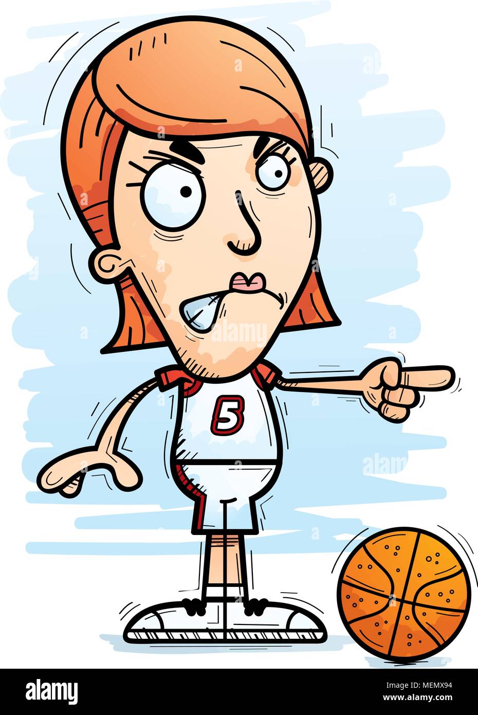 A cartoon illustration of a woman basketball player looking angry and ...