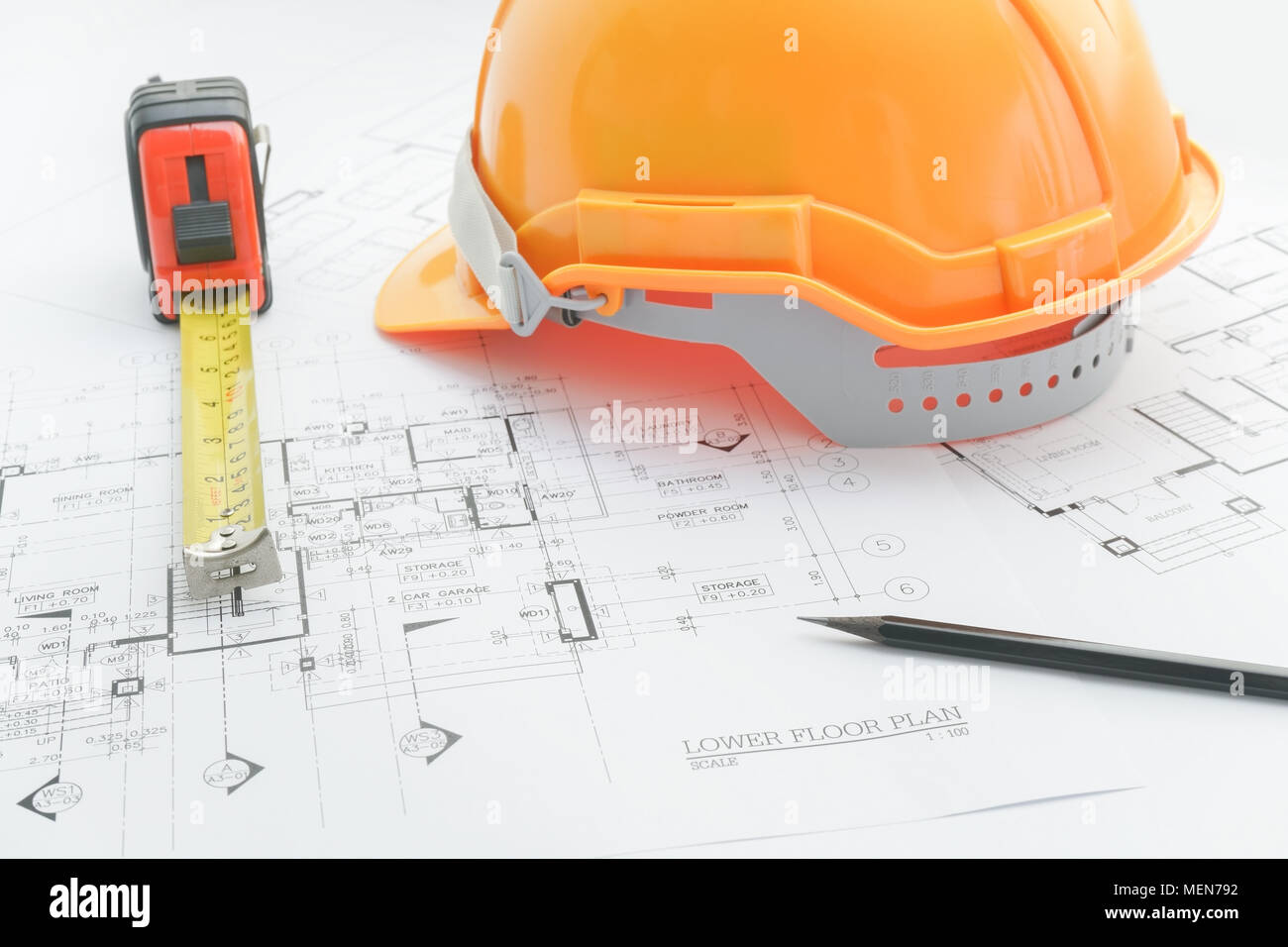 Architects workplace - architectural tools, blueprints, helmet ...