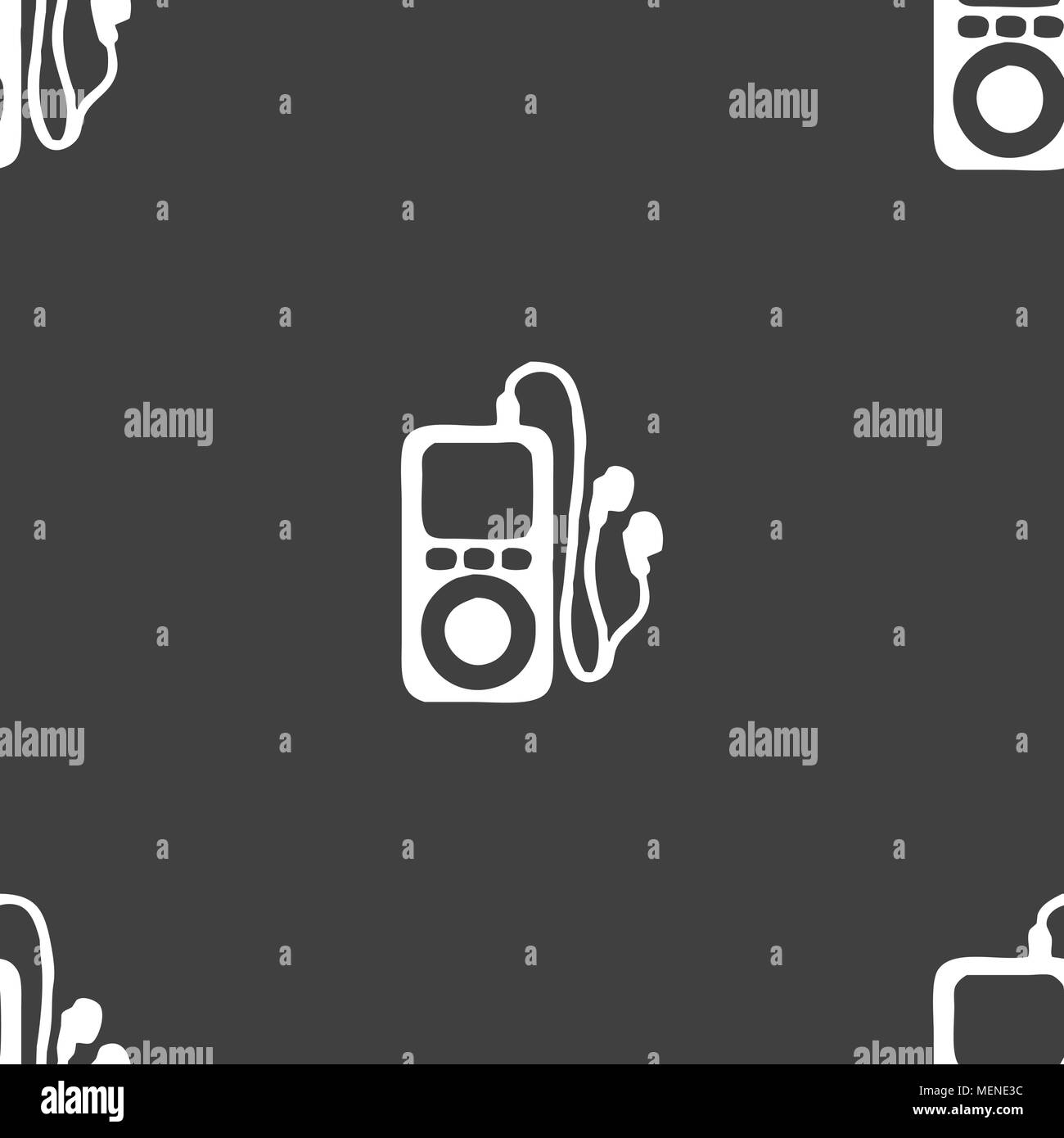 MP3 player, headphones, music icon sign. Seamless pattern on a gray ...
