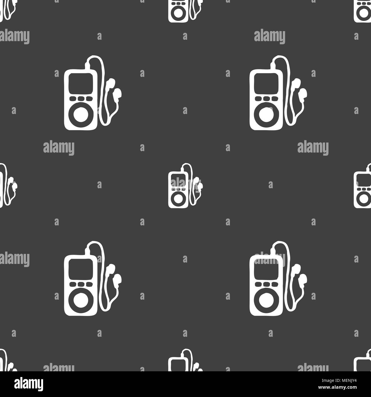 MP3 player, headphones, music icon sign. Seamless pattern on a gray ...