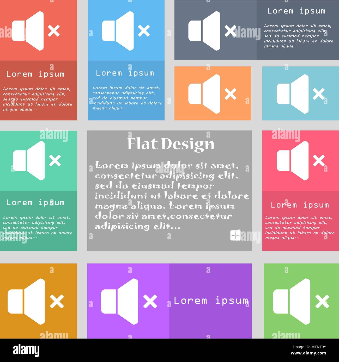 No Volume icon sign. Set of multicolored buttons with space for text ...