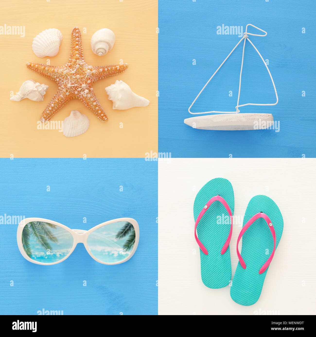 nautical collage with sea life style objects over blue and white wooden ...
