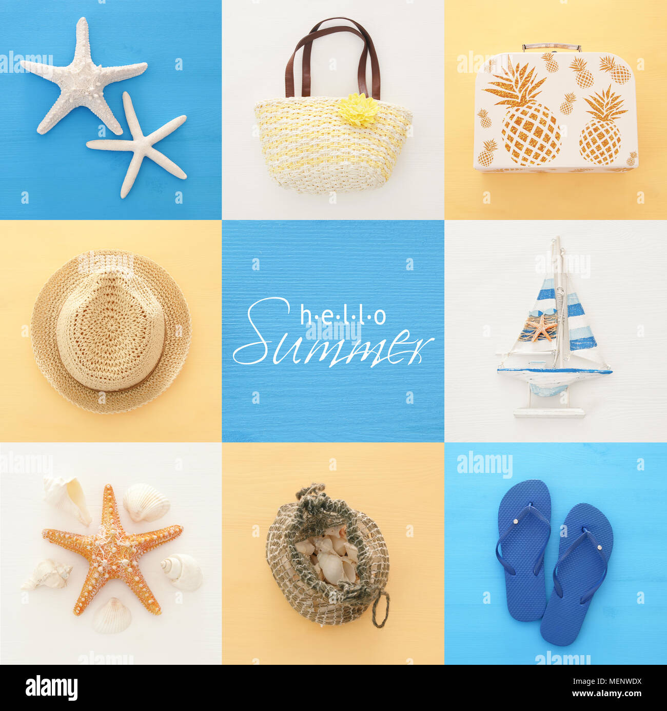 nautical collage with sea life style objects over blue and white wooden ...
