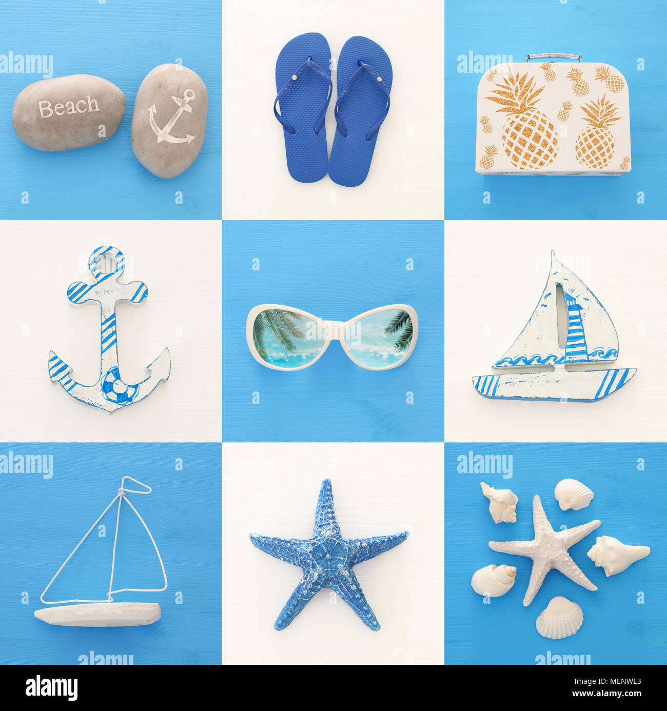 nautical collage with sea life style objects over blue and white wooden ...