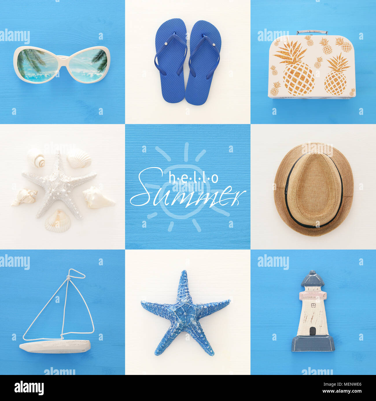 nautical collage with sea life style objects over blue and white wooden ...