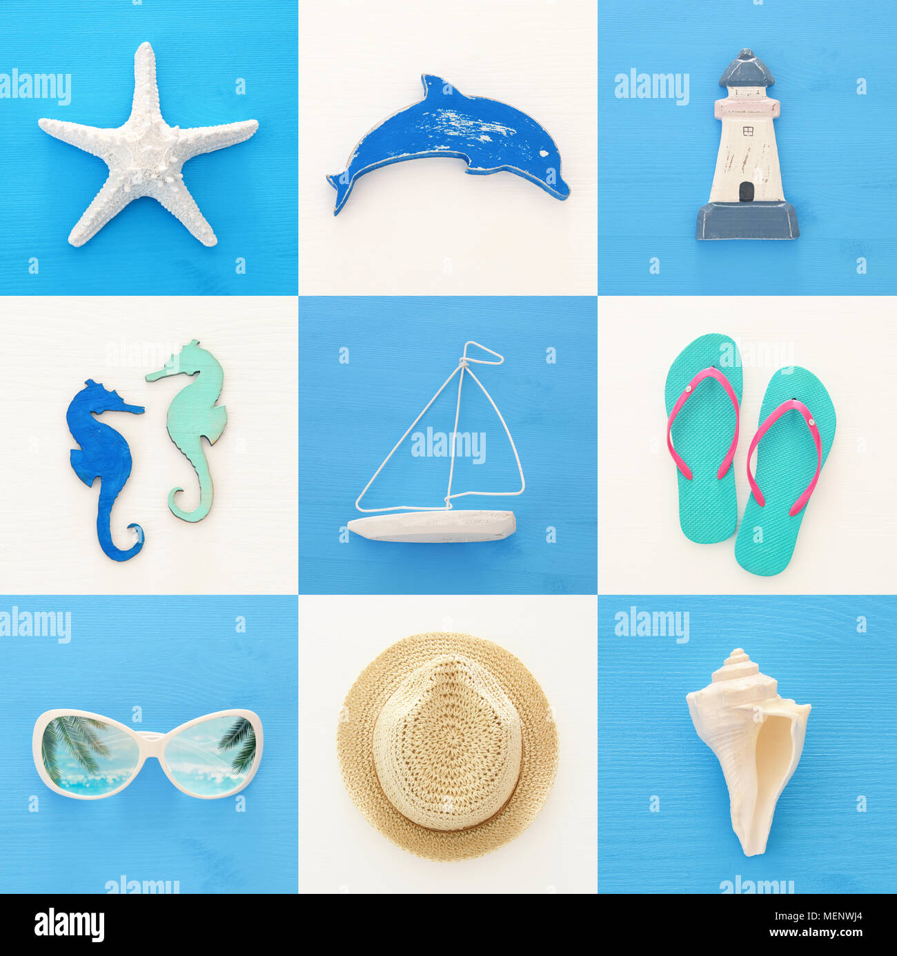 nautical collage with sea life style objects over blue and white wooden ...