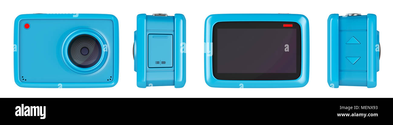 Front, side and back view of action camera, 3D illustration Stock Photo ...