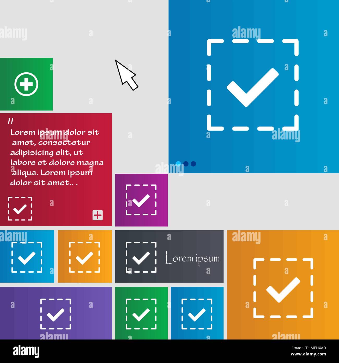 Check mark, tik icon sign. buttons. Modern interface website buttons with cursor pointer. Vector ...